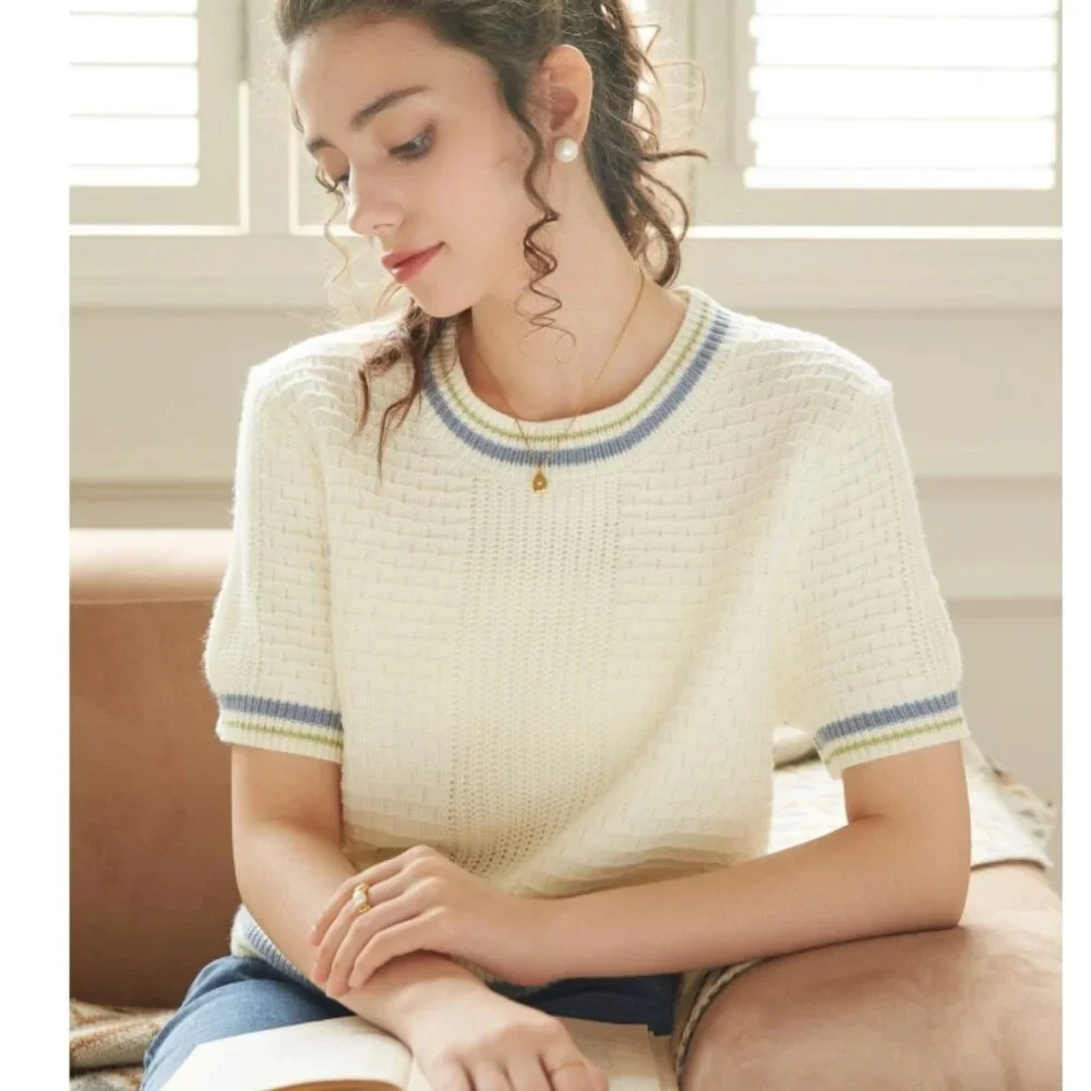 None | Tops | Womens Cream Textured Knit Short Sleeve Sweater Top ...